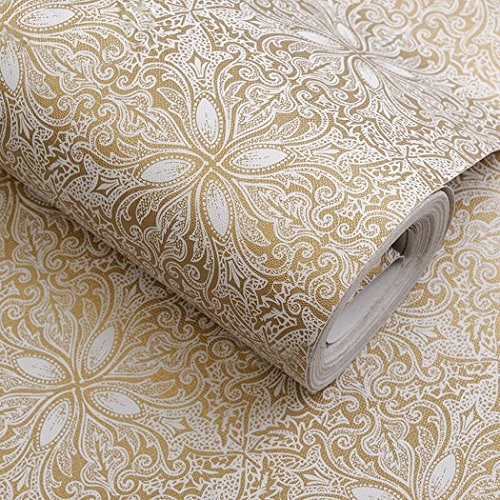 Self Adhesive Vintage Gold Floral Wallpaper Shelf Liner Dresser Drawers Cabinet Sticker 17.7 x 196 Inches