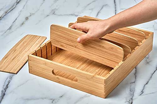 Umilife Kitchen Cabinet Organizer for Food Storage Container Lids, with Adjustable Dividers, Bamboo Drawer Caddy, Box for Kitchen Storage and Organization