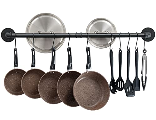 OROPY 39 inch Pot Bar Rack Wall Mounted Detachable Pans Hanging Rail Kitchen Lids Utensils Hanger with 14 S Hooks Black