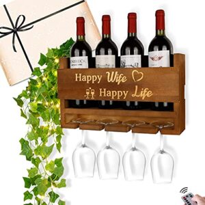 valentine’s day gifts for wife,wood wall mounted wine rack with vines remote lights,wine display storage holder for kitchen dining room home bar,women gifts ideas for anniversary, birthday gifts