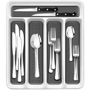 raypard 24-piece silverware set, flatware set mirror polished, dishwasher safe service for 4, include fork/spoon with 5-compartment non slip silverware drawer organizer box tray