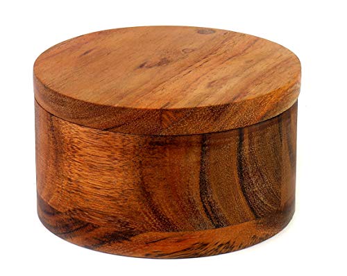 Kaizen Casa Acacia Wood Salt or Spice Box with Swivel Cover perfect for keeping table salt, gourmet salts, herbs or favorite seasonings, close at hand on your countertop.