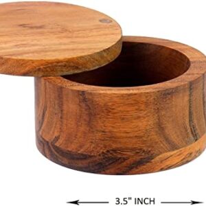 Kaizen Casa Acacia Wood Salt or Spice Box with Swivel Cover perfect for keeping table salt, gourmet salts, herbs or favorite seasonings, close at hand on your countertop.