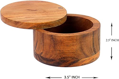 Kaizen Casa Acacia Wood Salt or Spice Box with Swivel Cover perfect for keeping table salt, gourmet salts, herbs or favorite seasonings, close at hand on your countertop.