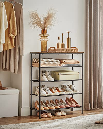 VASAGLE Shoe Rack 5 Tier, Narrow Shoe Organizer for Closet Entryway, with 4 Fabric Shelves and Top for Bags, Shoe Shelf, Steel Frame, Industrial, Rustic Brown and Black ULBS036B01