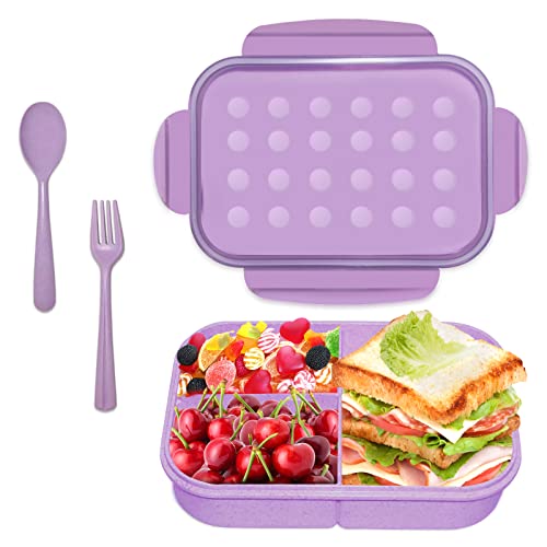 ASYH Bento Box, Classic 3 Compartment Lunch Box for Adults, Ideal Leakproof Lunch Containers with Utensils, Microwave and Dishwasher Safe Food Containers (Purple-1150ML)