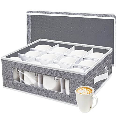 homyfort Mug Storage Box, China Storage Containers Organizer Hard Shell with Dividers for 12 Coffee Mugs, Tea Cup, Moving & Packing (Grey)