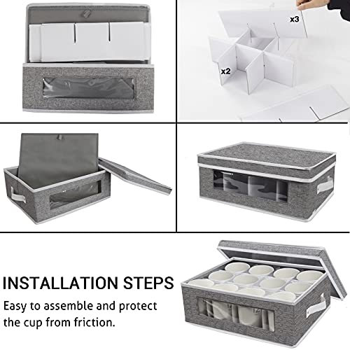 homyfort Mug Storage Box, China Storage Containers Organizer Hard Shell with Dividers for 12 Coffee Mugs, Tea Cup, Moving & Packing (Grey)