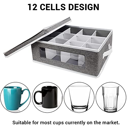 homyfort Mug Storage Box, China Storage Containers Organizer Hard Shell with Dividers for 12 Coffee Mugs, Tea Cup, Moving & Packing (Grey)