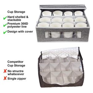 homyfort Mug Storage Box, China Storage Containers Organizer Hard Shell with Dividers for 12 Coffee Mugs, Tea Cup, Moving & Packing (Grey)