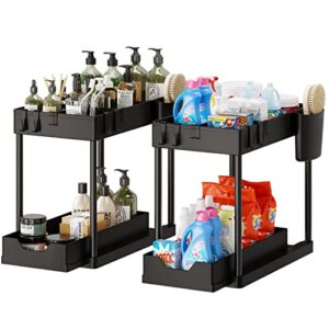 fixwal 2 pcs under sink organizer and storage, 2-tier bathroom organizer, kitchen organization, cabinet organizer, make up organizers and storage with hooks, hanging cup and dividers