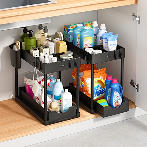 Fixwal 2 Pcs Under Sink Organizer and Storage, 2-Tier Bathroom Organizer, Kitchen Organization, Cabinet Organizer, Make Up Organizers and Storage with Hooks, Hanging Cup and Dividers