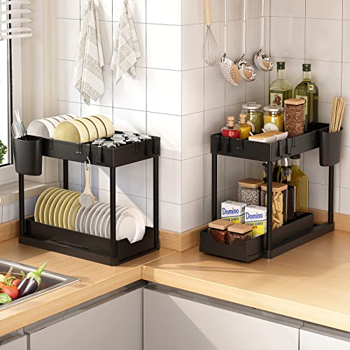 Fixwal 2 Pcs Under Sink Organizer and Storage, 2-Tier Bathroom Organizer, Kitchen Organization, Cabinet Organizer, Make Up Organizers and Storage with Hooks, Hanging Cup and Dividers