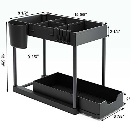 Fixwal 2 Pcs Under Sink Organizer and Storage, 2-Tier Bathroom Organizer, Kitchen Organization, Cabinet Organizer, Make Up Organizers and Storage with Hooks, Hanging Cup and Dividers