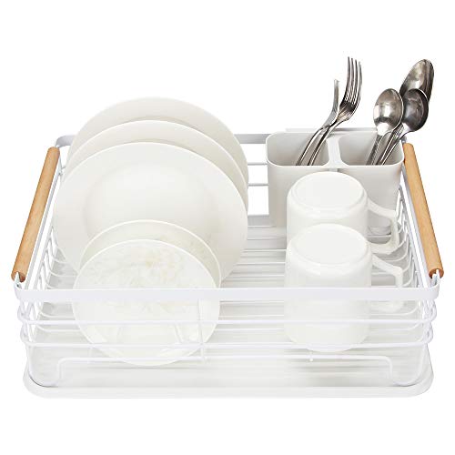 Modern Wood Handle Dish Rack and Drain Board, Attom Tech Home 16.5" x 12" x 5.5" Kitchen Plate Cup Dish Drying Rack Tray Cutlery Dish Drainer