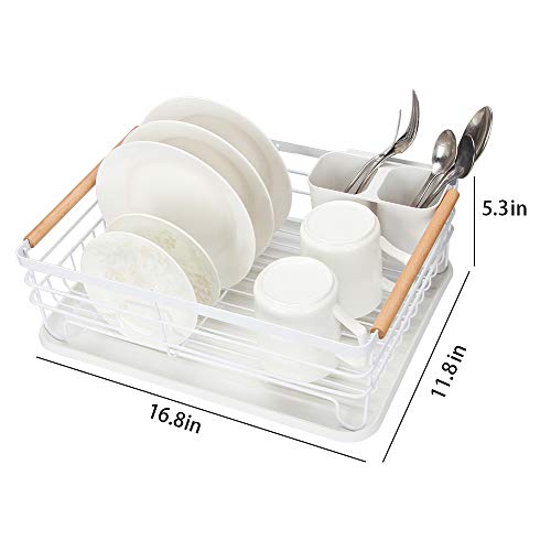 Modern Wood Handle Dish Rack and Drain Board, Attom Tech Home 16.5" x 12" x 5.5" Kitchen Plate Cup Dish Drying Rack Tray Cutlery Dish Drainer