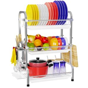 gslife dish drying rack, stainless steel 3 tier dish rack with tray utensil holder, large capacity & rustproof dish drainer for kitchen counter, silver