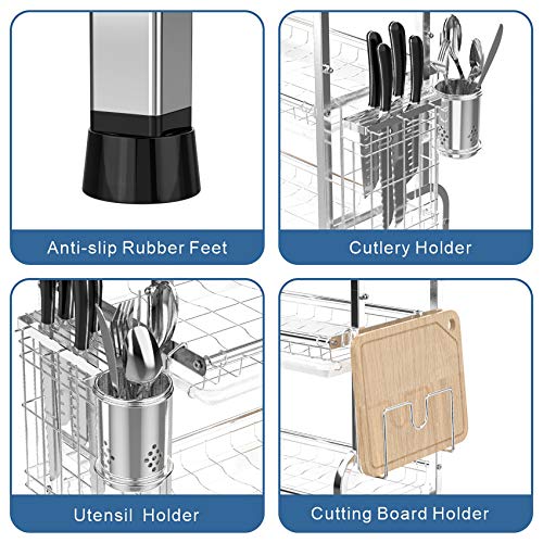 GSlife Dish Drying Rack, Stainless Steel 3 Tier Dish Rack with Tray Utensil Holder, Large Capacity & Rustproof Dish Drainer for Kitchen Counter, Silver