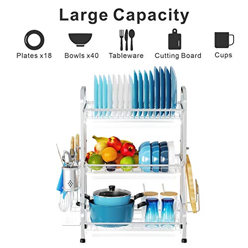 GSlife Dish Drying Rack, Stainless Steel 3 Tier Dish Rack with Tray Utensil Holder, Large Capacity & Rustproof Dish Drainer for Kitchen Counter, Silver