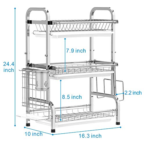 GSlife Dish Drying Rack, Stainless Steel 3 Tier Dish Rack with Tray Utensil Holder, Large Capacity & Rustproof Dish Drainer for Kitchen Counter, Silver