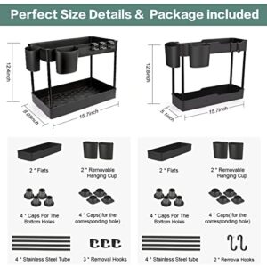 2 Pack Under Sink Organizer- 2 Stackable Rack Organizer Tier Bathroom Under the Sink Organizers Multi-Usage Kitchen Cabinet Organizers and Storage Bath Shelf Baskets w 4 Hanging Cup and 5 Hooks, Black