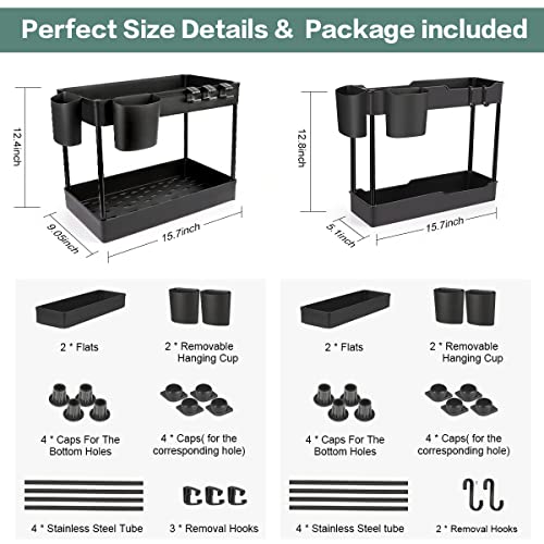 2 Pack Under Sink Organizer- 2 Stackable Rack Organizer Tier Bathroom Under the Sink Organizers Multi-Usage Kitchen Cabinet Organizers and Storage Bath Shelf Baskets w 4 Hanging Cup and 5 Hooks, Black