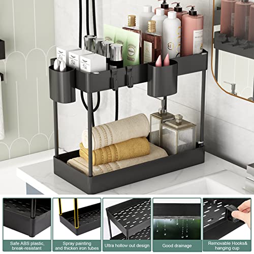 2 Pack Under Sink Organizer- 2 Stackable Rack Organizer Tier Bathroom Under the Sink Organizers Multi-Usage Kitchen Cabinet Organizers and Storage Bath Shelf Baskets w 4 Hanging Cup and 5 Hooks, Black