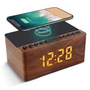 anjank wooden digital alarm clock fm radio, fast wireless charger station for iphone/samsung galaxy, 5 level dimmer, usb charging port, 2 sounds, sleep timer, wood led clock for bedroom, bedside, desk