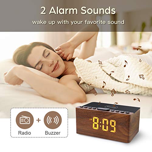 ANJANK Wooden Digital Alarm Clock FM Radio, Fast Wireless Charger Station for iPhone/Samsung Galaxy, 5 Level Dimmer, USB Charging Port, 2 Sounds, Sleep Timer, Wood LED Clock for Bedroom, Bedside, Desk