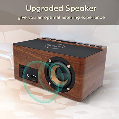 ANJANK Wooden Digital Alarm Clock FM Radio, Fast Wireless Charger Station for iPhone/Samsung Galaxy, 5 Level Dimmer, USB Charging Port, 2 Sounds, Sleep Timer, Wood LED Clock for Bedroom, Bedside, Desk