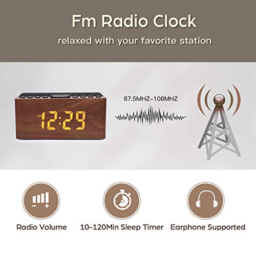 ANJANK Wooden Digital Alarm Clock FM Radio, Fast Wireless Charger Station for iPhone/Samsung Galaxy, 5 Level Dimmer, USB Charging Port, 2 Sounds, Sleep Timer, Wood LED Clock for Bedroom, Bedside, Desk