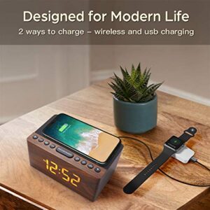 ANJANK Wooden Digital Alarm Clock FM Radio, Fast Wireless Charger Station for iPhone/Samsung Galaxy, 5 Level Dimmer, USB Charging Port, 2 Sounds, Sleep Timer, Wood LED Clock for Bedroom, Bedside, Desk