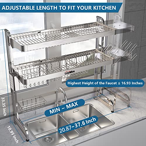 Loyalfire Over Sink Dish Drying Rack, 3 Tier Adjustable Length (20.87''~37.6'') Full Stainless Steel Large Storage Kitchen Dish Rack, Expandable Shelf Rack with Utensil Holder, Cup Hanging Set