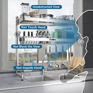 Loyalfire Over Sink Dish Drying Rack, 3 Tier Adjustable Length (20.87''~37.6'') Full Stainless Steel Large Storage Kitchen Dish Rack, Expandable Shelf Rack with Utensil Holder, Cup Hanging Set