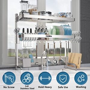 Loyalfire Over Sink Dish Drying Rack, 3 Tier Adjustable Length (20.87''~37.6'') Full Stainless Steel Large Storage Kitchen Dish Rack, Expandable Shelf Rack with Utensil Holder, Cup Hanging Set