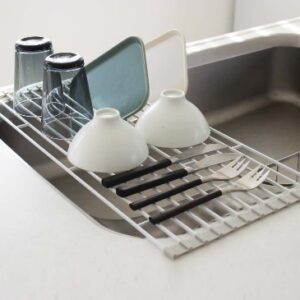 YAMAZAKI Dish Home Folding Sink Rack | Steel | Large | Drainer Tray, White