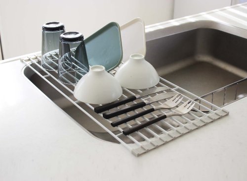 YAMAZAKI Dish Home Folding Sink Rack | Steel | Large | Drainer Tray, White