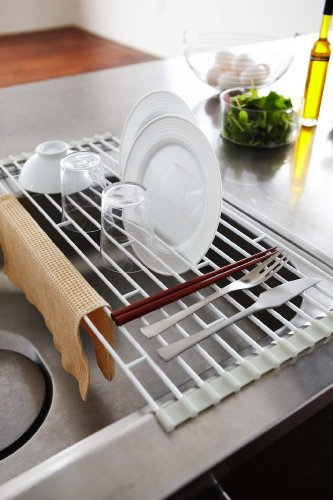 YAMAZAKI Dish Home Folding Sink Rack | Steel | Large | Drainer Tray, White