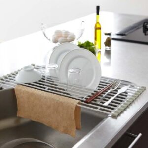 YAMAZAKI Dish Home Folding Sink Rack | Steel | Large | Drainer Tray, White