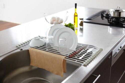 YAMAZAKI Dish Home Folding Sink Rack | Steel | Large | Drainer Tray, White