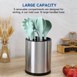 BIARTS 360° Rotating Utensil Organizer for Countertop Stainless Steel Rotating Cooking Utensil Caddy Utensil Holder for Kitchen Counter Metal Utensil Crock, Extra-Large, Round, 6.3" L x 6.3" W x 8" H