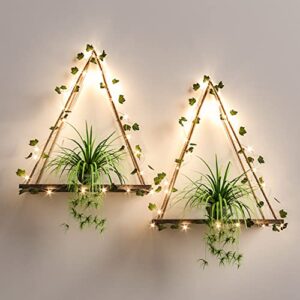 artificial ivy led-strip wall hanging shelves set of 2, hanging plant shelf, macrame wall hanging shelf for bedroom bathroom living room kitchen, wood hanging plant shelves for wall décor