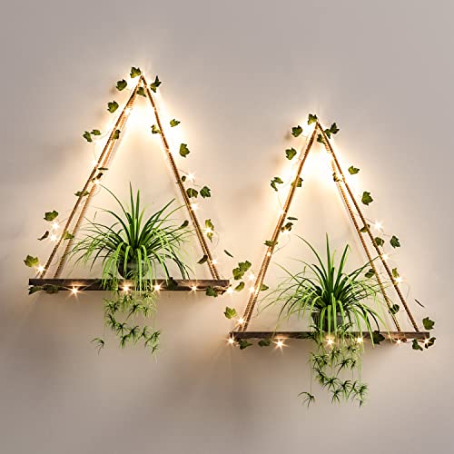 Artificial Ivy LED-Strip Wall Hanging Shelves Set of 2, Hanging Plant Shelf, Macrame Wall Hanging Shelf for Bedroom Bathroom Living Room Kitchen, Wood Hanging Plant Shelves for Wall Décor