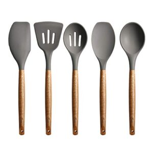 miusco non-stick silicone kitchen utensils set with natural acacia hard wood handle, 5 pieces, grey, bpa free, baking, serving and cooking utensils