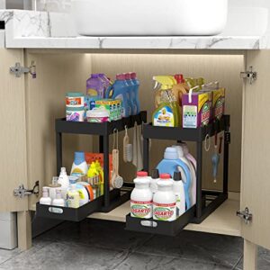 2pcs under sink organizer kitchen bathroom storage cabinet 2 tier sliding drawer counter organization shelf storage drawers rack with pull out basket and hooks black