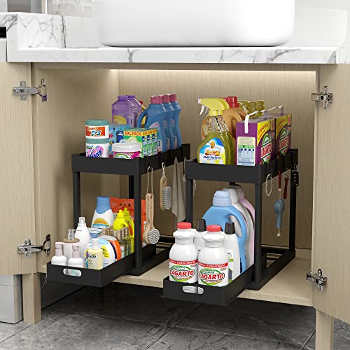 2pcs Under Sink Organizer Kitchen Bathroom Storage Cabinet 2 tier Sliding Drawer Counter Organization Shelf Storage Drawers Rack with Pull Out Basket and Hooks Black