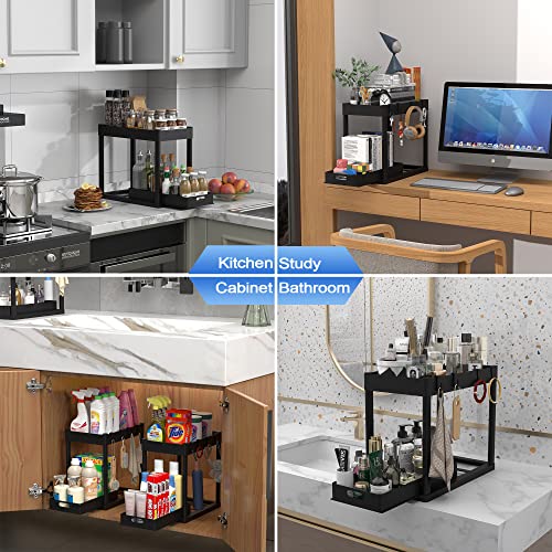 2pcs Under Sink Organizer Kitchen Bathroom Storage Cabinet 2 tier Sliding Drawer Counter Organization Shelf Storage Drawers Rack with Pull Out Basket and Hooks Black