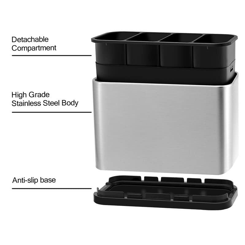 PANMICS Kitchen Utensil Holder for Countertop Flatware Organizer Utensil Crock Holder Caddy Anti Slip Drip Tray Stainless Steel,7.1 x 3.4 x 5.2 inch