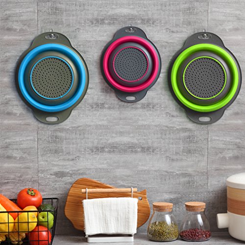 Qimh Collapsible Colander Set of 3 Round Silicone Kitchen Strainer Set - 2 pcs 4 Quart and 1 pcs 2 Quart- Perfect for Draining Pasta, Vegetable and fruit (green,blue, purple)