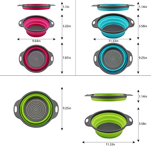 Qimh Collapsible Colander Set of 3 Round Silicone Kitchen Strainer Set - 2 pcs 4 Quart and 1 pcs 2 Quart- Perfect for Draining Pasta, Vegetable and fruit (green,blue, purple)